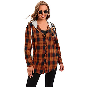 Womens Flannel Shirts Long Sleeve Oversized Boyfriend Shirts Button Down Plaid Hoodie Orange