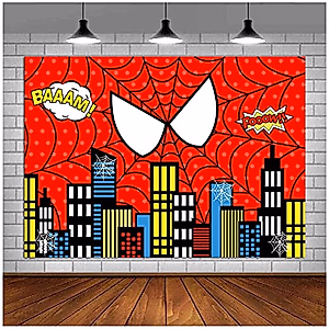 Vinyl 7x5ft Red Spider Web Photography Backdrop for Children Boys 1st Birthday Party Banner Decorations Superhero Theme Cityscape Photo Background Baby Shower Photo Booth Supplies