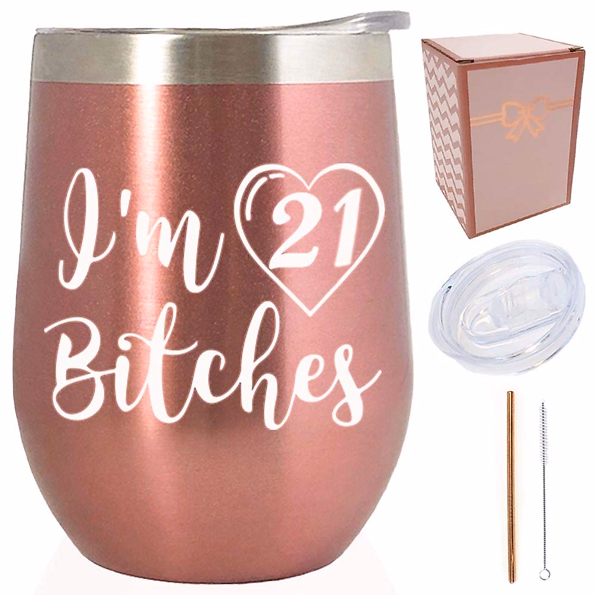 21st Birthday Gifts for her - I'm 21 Finally Legal Rose Gold 12 oz Stainless Steel Wine Tumbler/Insulated Coffee Cup/Glass w/Lid & Straw | Funny Sayings Gift Ideas for Best Friends,Sisters,Daughter