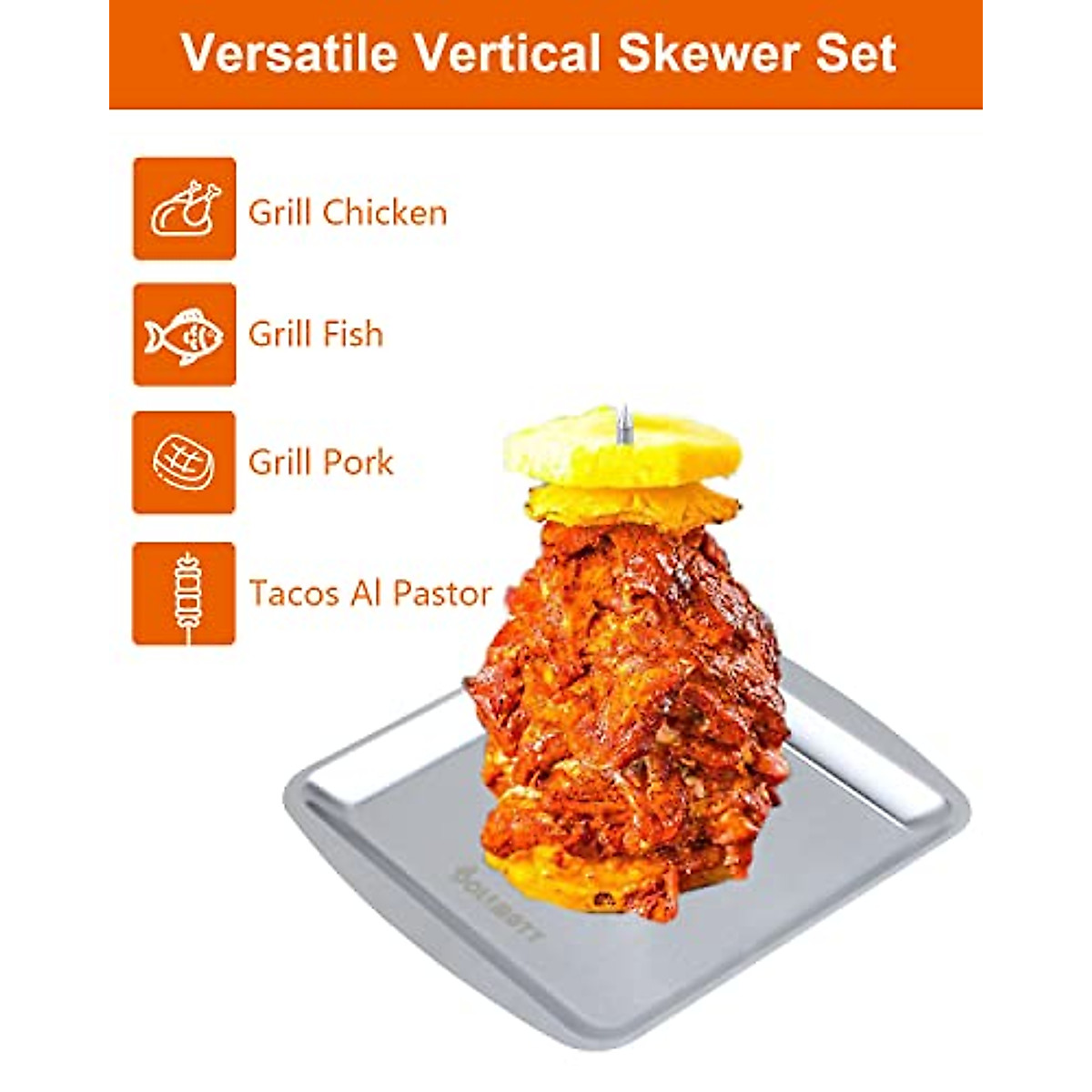 Al Pastor Skewer for Grill-Roasting Rack Stainless Steel Vertical Skewer Stand for Tacos Al Pastor, Shawarma, Kebabs, with 2 Size Skewers(8” &12”) for Smoker, Kamado Grill, Oven