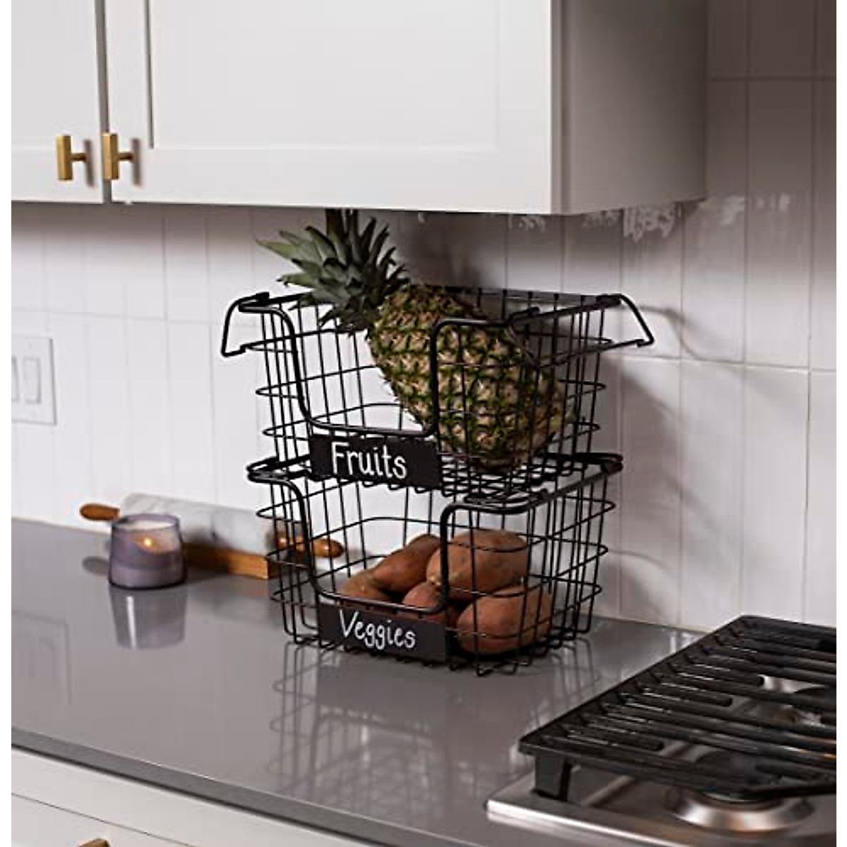 Stacking Wire Market Baskets with Chalk Label - Set of 2 - Fruit Vegetable Produce Metal Storage Bin for Kitchen Counter - Pantry Cabinet - Bathroom Shelves - Metallic Black