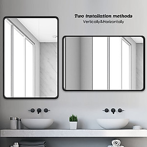Black Bathroom Mirror for Wall, 24" x 36" Black Metal Framed Rounded Rectangle Mirror, Matte Black Vanity Mirror Farmhouse, Anti-Rust, HD Float Glass, Hangs Horizontal or Vertical