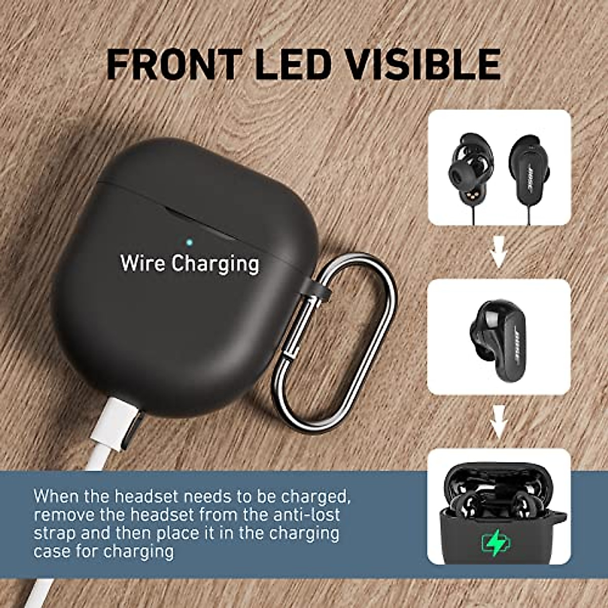 AHBTEYM for Bose QuietComfort Earbuds II Case(2022),Anti-Lost Strap Accessories,Silicone Skin Sleeve Cover for New Bose QuietComfort Earbuds 2 with Carabiner,Sports Lanyard for Women Men(Triple Black)