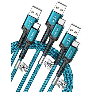JSAUX USB-C Cable 3.1A Fast Charging, 3-Pack (10ft+6.6ft+3.3ft) USB A to Type C Charge Cord Compatible with Samsung Galaxy S21 S20 S10 S9 S8 Note 20 10, iPhone 15/15 Pro Max, PS5, USB C Charger(Green)