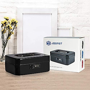 Jssmst Medium Cash Box with Combination Lock- Durable Metal Cash Box with Money Tray Black,7.87 x 6.3 x 3.35 inches, CB0701M