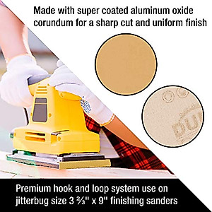 Dura-Gold Premium 80, 120, 150, 220, 320 Grit 1/3 Sheet Size Gold Sandpaper with Hook & Loop Backing, 3-2/3" x 9", 4 Each, 20 Total - Sanding Wood Woodworking, Automotive, Finishing Jitterbug Sander