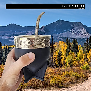 DUEVOLO - Black - Yerba Mate Gourd (Mate Cup) - Uruguayan Mate - Leather Wrapped - Includes Stainless Steel Bombilla. (Mate Imperial) - Mate Cup and Bombilla Set. (Guarda Pampa)