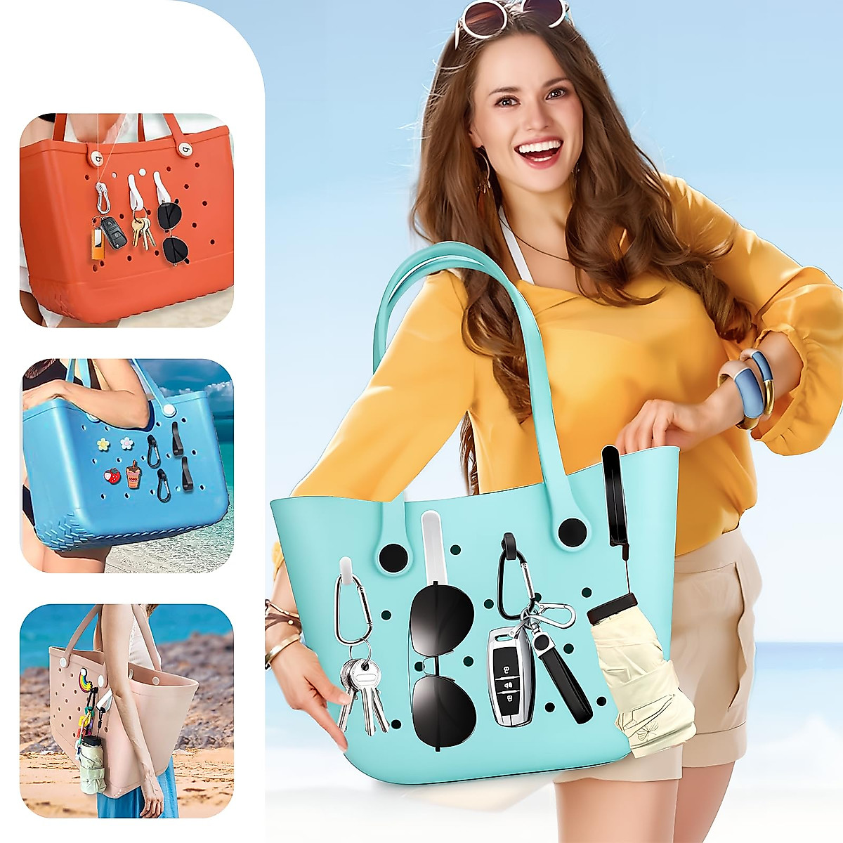 MEFFWSOER 4 PCS Key Holder for Bogg Bag, Insert Carabiner Key Chain and Hooks for Tote Bag Finding Your Keys Glasses Earphones Quickly (White)