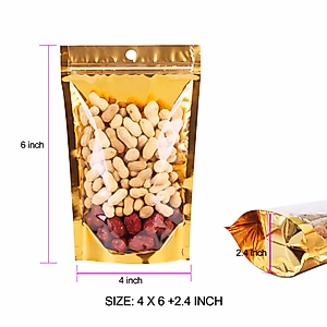 100 Pack Smell Proof Bags with Clear Front Window, 4 x 6 Inches Resealable Stand Up Food Storage Bags Packaging Foil Mylar Pouches for Small Business, Foods, Party Favors (Gold (4x6+2.4 inch)