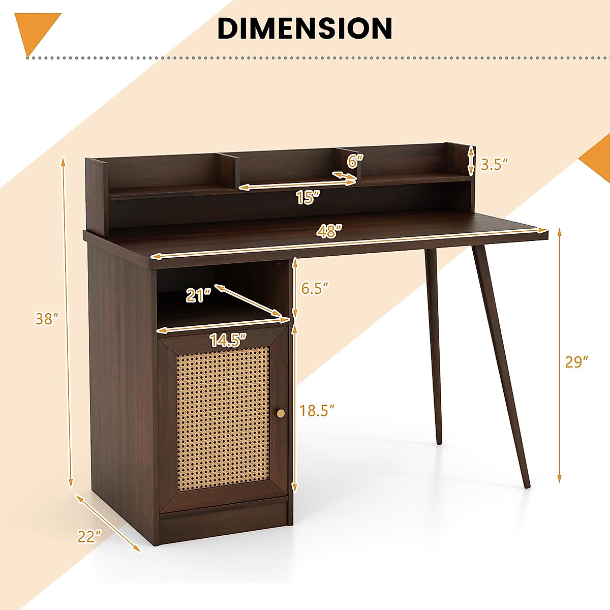 Tangkula Mid Century Desk with Hutch, 48” Writing Study Desk with PE Rattan Storage Cabinet & Shelves, Laptop PC Desk with Rubber Wood Legs, Compact Computer Workstation for Home Office (Brown)
