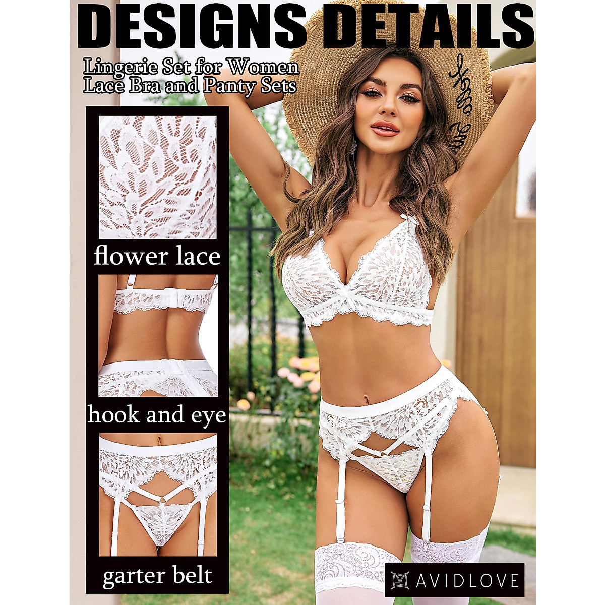Avidlove Women Garter Lingerie Lace Bra and Panty Set Sexy 3 Piece Lingerie Set with Garter Belt (L, White)