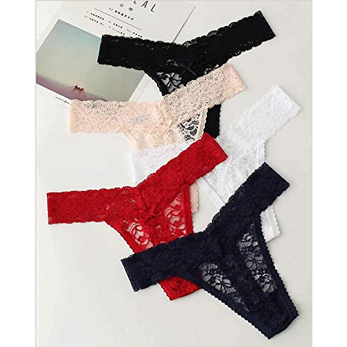 ZBORH Women's Sexy Lace Cheeky Thong Underwear Nylon Hipster See Through Panties Pack of 5(Medium) Multicolor