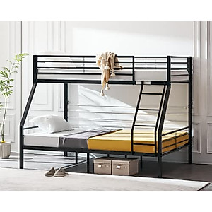 VINGLI Twin Over Full Bunk Bed for Kids/Adults with Stairs Flat Rungs, Heavy Duty Metal Slats, No Box Spring Needed, Black