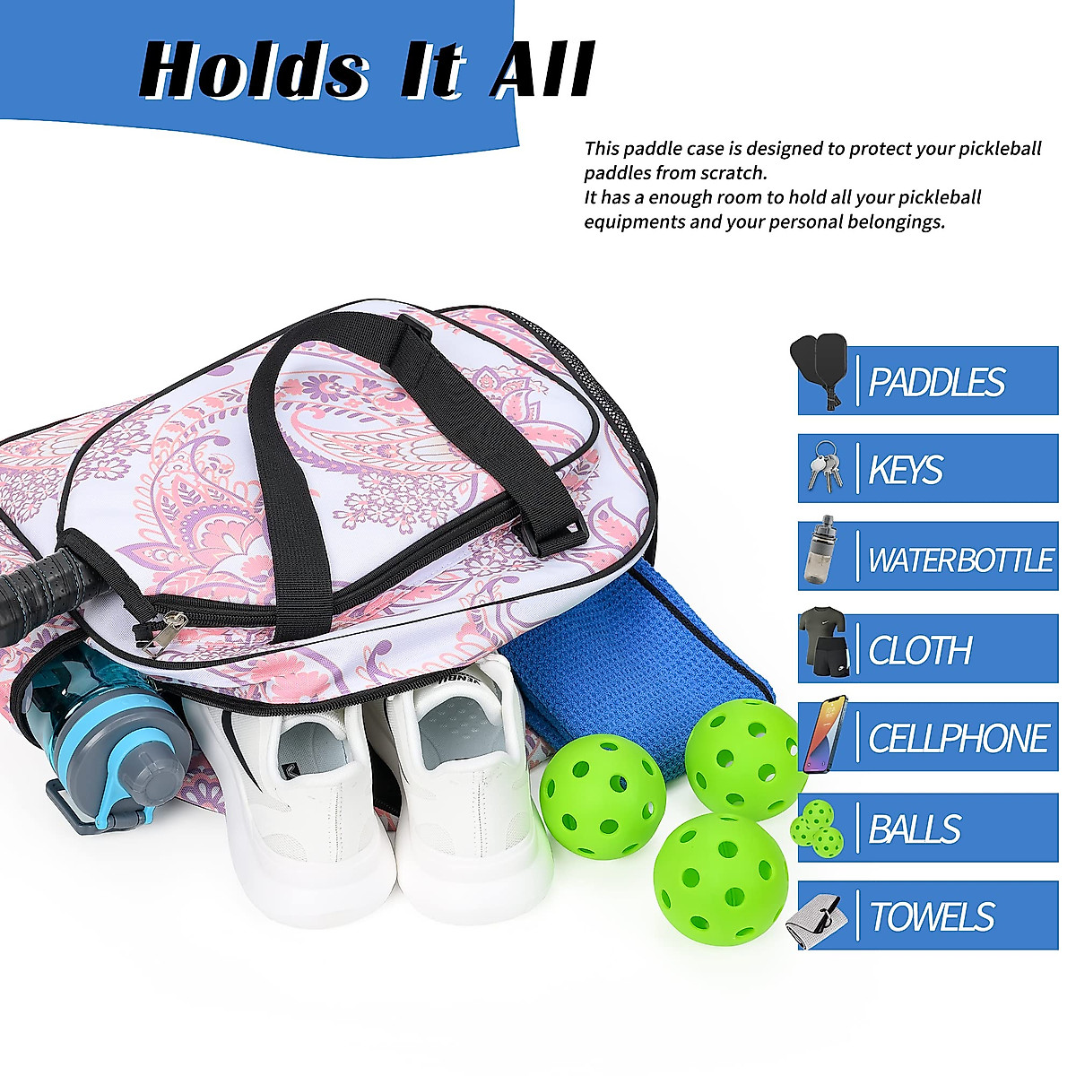 Boulder Bee | Premium Pickleball Bags | PickleBall Tote Bag for Women | Women’s Hand/Shoulder Gym Bag w Water Bottle Holder | With Racquet/Paddle Holder (Pink cashew flower)