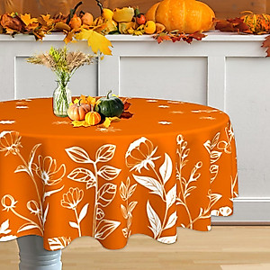KORVITA Fall Round Tablecloth 60 Inch Thanksgiving Autumn Harvest Orange Wild Flowers Table Washable Microfiber Tablecloth Decorative Table Covers for Picnic Party