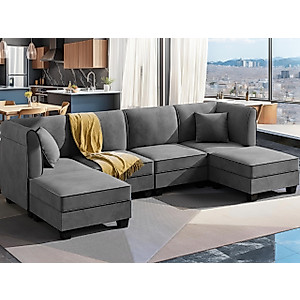 JAMFLY Modular Sectional Sofa U Shaped Sectional Couch with Reversible Chaise Convertible Sectional Couches for Living Room, 6 Seat Sofa Couch with Ottomans, Drak Grey