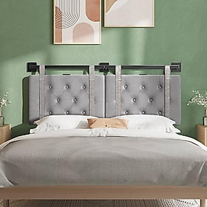 GREENSTELL Wall Mount Headboard with USB for Queen/Full Size Bed, Linen Fabric Headboard Only, Industrial Pipe Modern Style, Gray Hanging Head Boards, Comfortable, Button Upholstered for Bedroom