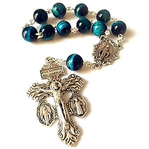 elegantmedical Handmade Peacock bule Tiger Eye Jade Beads car rosary catholic Prayer one Decade Rosary Bracelet Pardon Crucifix Cross Gift