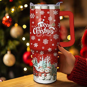 qoepfnsh Christmas Tumbler 40 oz Christmas Tumblers with Handle and Straw Farmhouse Red Snowman Stainless Steel Insulated Coffee Cups Mugs Christmas Gifts Stuff Decor for Women Girls