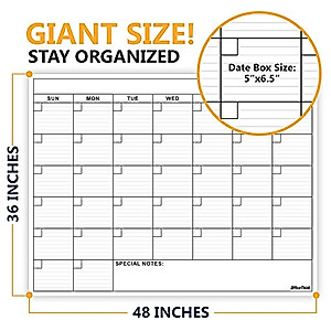 Jumbo Dry Erase Laminated Wall Calendar, Huge 36 Inch by 48 Inch Size, Monthly Planner for Home Office Classroom, Large Date Boxes, Reusable PET Film, Never Folded, 5 Markers, 8 Tacks, 1 Eraser