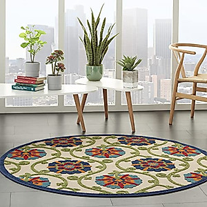 Nourison Aloha Indoor/Outdoor Blue/Multicolor 4' x ROUND Area -Rug, Easy -Cleaning, Non Shedding, Bed Room, Living Room, Dining Room, Deck, Backyard, Patio (4 Round)