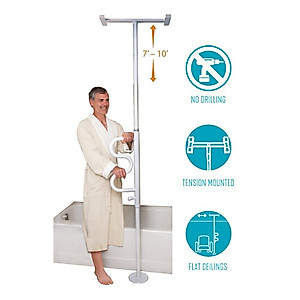 Stander Security Pole and Curve Grab Bar, Elderly Tension Mounted Floor to Ceiling Transfer Pole, Bathroom Safety Assist and Stability Rail, Iceberg White