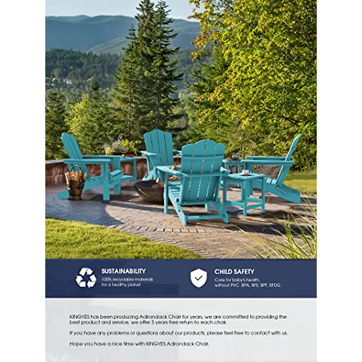 KINGYES Folding Adirondack Chair with Double Layer Side Table 3-Piece Adirondack Chair Set (Including 2 Folding Chairs-Tiffany and 1 Side Table-Tiffany)
