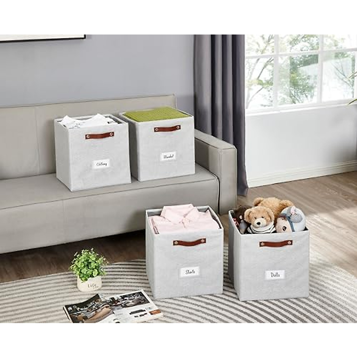 DECOMOMO Storage Baskets 13x15x13 Storage Cube Bins with Label Holders, Kallax Storage Cubes for Organizing Shelves Nursery Toy (Kallax / 4pcs, Light Textured Grey)