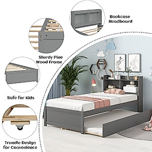Olela Twin Bed with Trundle Bookshelf, Platform Twin Bed with Trundle with Bookcase Storage for Girls Boys, No Need Box Spring (Grey)