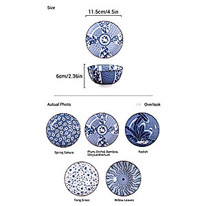 Gegong 6 Pack Ceramic Bowls, Japanese Style Rice Bowls, 10 Ounces Thickening Blue and white porcelain bowls, Cereal Bowls for Kitchen, Suitable for microwave, ovens, dishwashers (mixing)