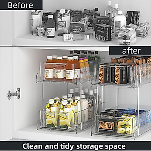 2 Tier Clear Under Sink Organizer with Dividers, Slide Out Bathroom Organization Container Storage Rack, Home Multipurpose Organized Pantry/Kitchen/Counter/Medicine Cabinet Storage Bins (Clear 2-pack)