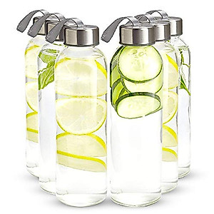 Kitchen Lux 16 Ounce Glass Water Bottles, Reusable Water Bottles with Airtight, Pack of 6, Stainless Steel Lids Carrying Strap And Nylon Water Bottle Protective Sleeves for Hot Or Cold Drinks