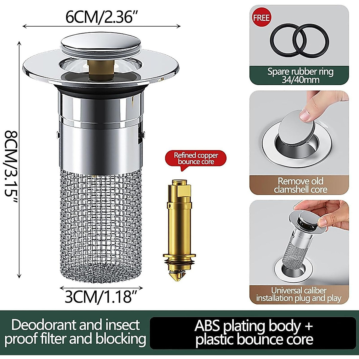 Bathroom Sink Stopper Hair Catcher, 2Pcs Stainless Steel Floor Drain Filter Up Sink Drain Strainer with Removable Filter Basket for Washbasins, Bathtubs, 2.4x3.1in