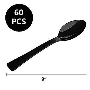 9 Inch Plastic Spoons, Disposable, 60 Count, Heat Resistant, Heavy Duty Bulk Serving Utensils Set, Food Safe Material, BPA Free, Black