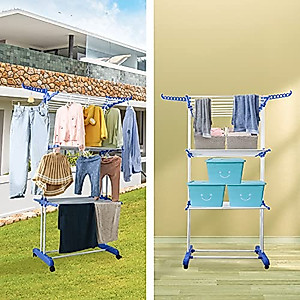 Foldable Clothes Drying Racks with Storage Shelves, Garment Rack with Rolling Free-Standing Clothing Rack Closet Organizer with Double Rods/Lockable Wheels & 2 Pairs Side Hooks (Blue)