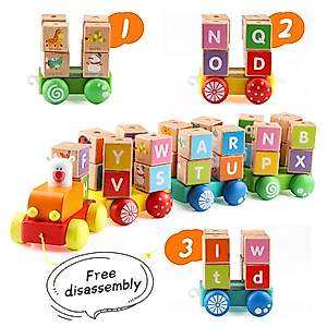 Garlictoys ABC Wooden Block Cart Sorting Stacking, Wood Alphabet Blocks Building Games Montessori Preschool Learning Educational Toys for Baby Stacking.Great Gift for Girls and Boys for 3+ Years Olds.