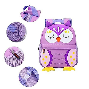 KK CRAFTS Preschool Toddler Backpack with Leash, 3D Cute Cartoon Neoprene Animal Schoolbag for Kids Boys Girls（Purple Owl）
