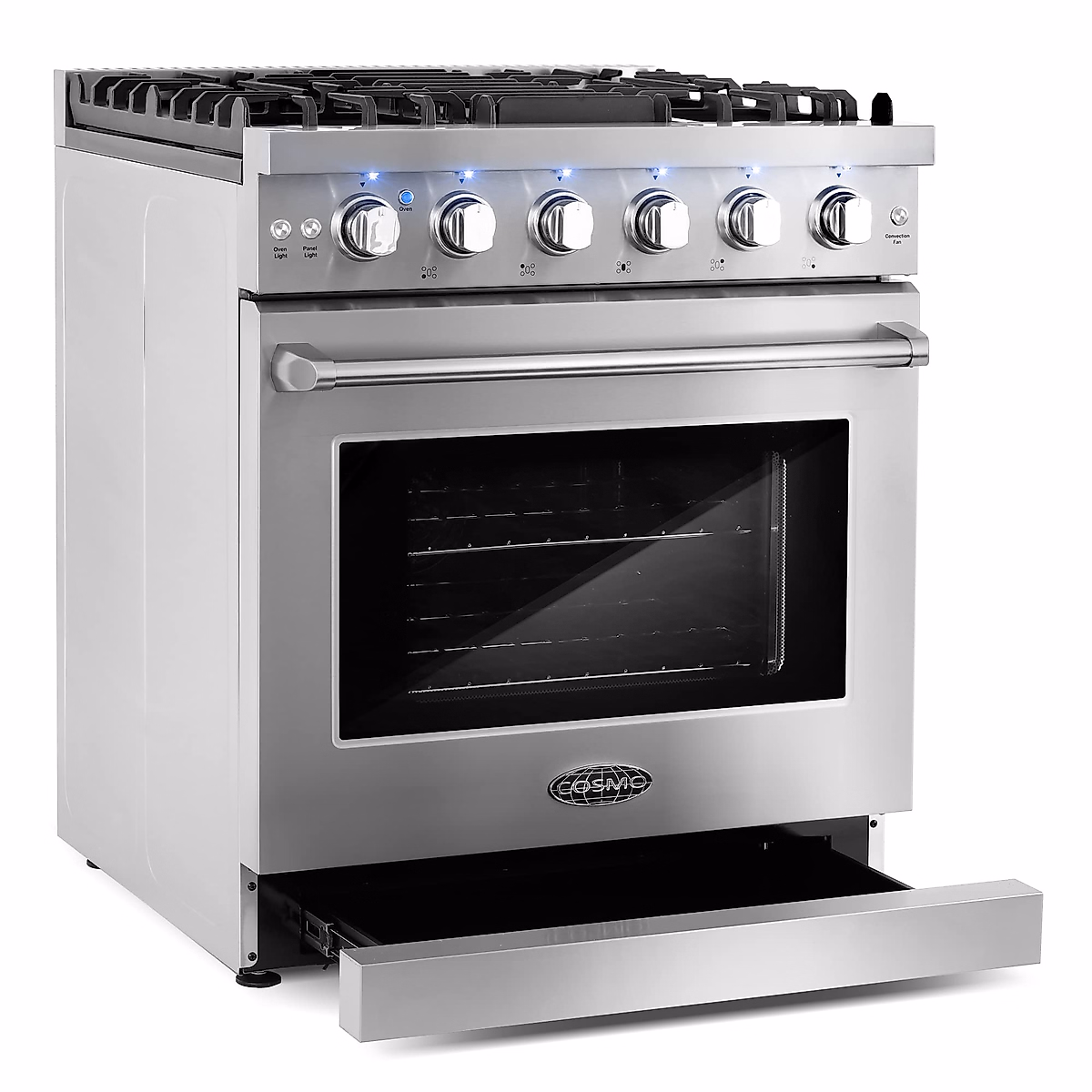 COSMO COS-EPGR304 Slide-in Freestanding Gas Range with 5 Sealed Burners, Cast Iron Grates, 4.5 cu. ft. Capacity Convection Oven, 30 inch, Stainless Steel