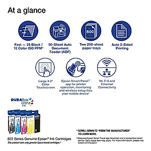 Epson Workforce Pro All-in-One WF-4833 Color Inkjet Printer, 4.3" Color Touchscreen Display, Wireless Connectivity, Automatic Duplex Printing, 4800x2400 dpi, Mobile Cloud Printing, Black, HDMI Cable