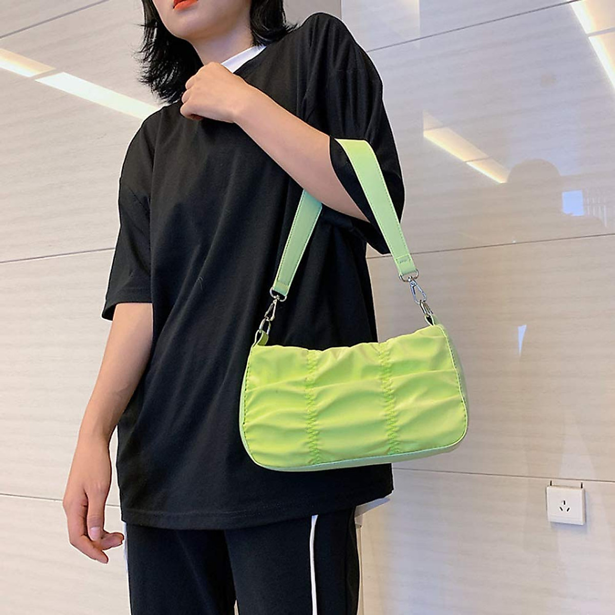 Mysmeir Solid Color Pleated Armpit Bag Oxford Water-resistant Western Style Shoulder Bag for Women (green)