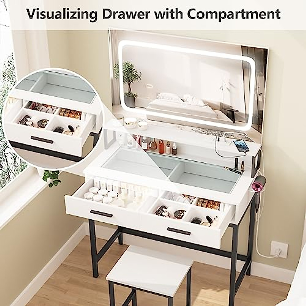 Fameill White Vanity Desk with Lights,Glass Top Makeup Vanity Table with Power Strip,Large Mirror Dressing Table Set with 2 Drawers and Hair Dryer Stand,35.4in(L)