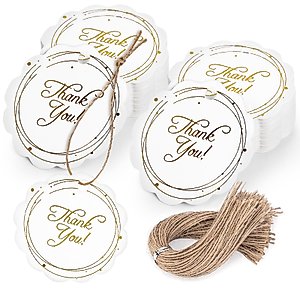 SallyFashion 100PCS Thank You Tags, Gift Tags with String White Gold Stamping Hang Tags Round Gift Tags for DIY Crafts Party Favors Wedding