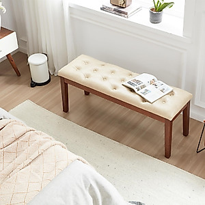 MILCIL Ottoman Bench Upholstered Padded Seat with Solid Wood Legs and Button-Tufted, Faux Leather Ivory