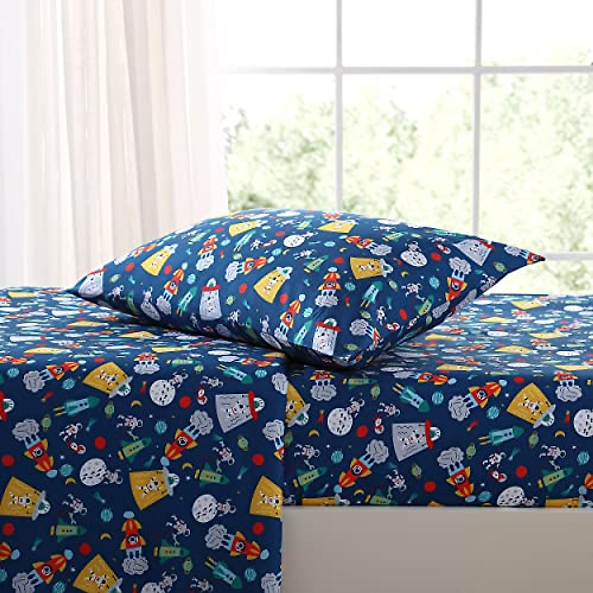 Poppy & Fritz Kids Twin Sheet Set, Stain Resistant Toddler Bedding, Soft & Cozy - Space Kids Blue