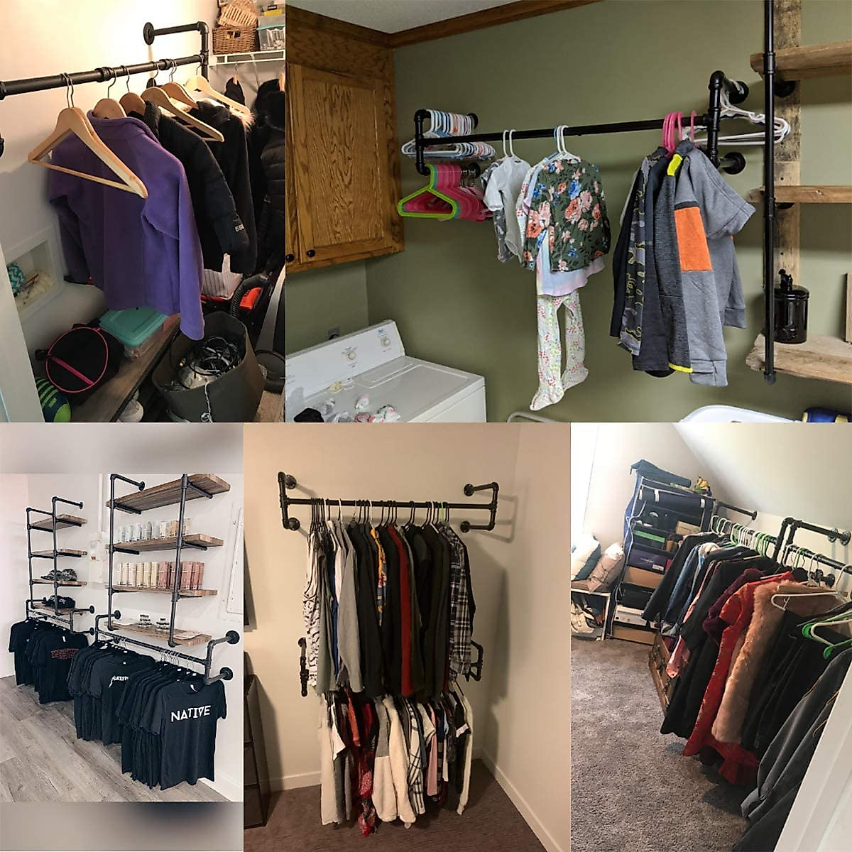 MY RUSTIC Industrial Pipe Clothes Rack-43 Inch, Heavy Duty Detachable Wall Mounted Black Iron Garment Bar, Multi-Purpose Hanging Rod for Closet Storage, Black- 43" L (43" L x 12" W) 41 (black 2)