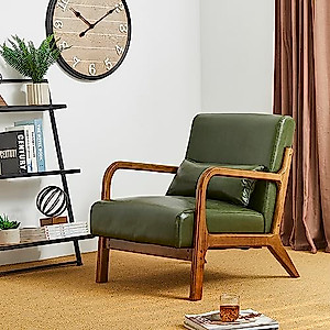glitzhome Mid Century Hunter Green Accent Armchair, Single Reading Armchair PU Leather Lounge Chair with Walnut Ruberwood Frame