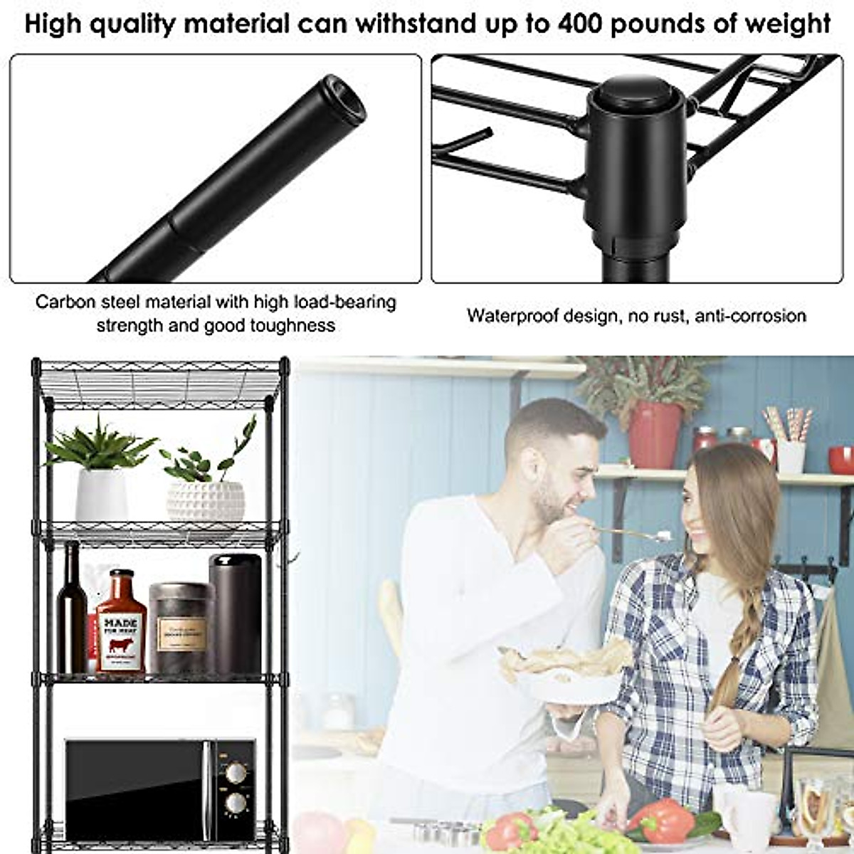 AMZOOM 5-Tier Steel Wire Shelving Unit, Adjustable Metal Shelves, Stainless Steel Storage Rack with Hooks and Leveling Feet, Suitable for Living Room Bathroom Garage Kitchen Pantry (Black)