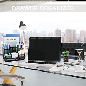 Desk Organizers and Accessories, Office Supplies Desk Organizer Caddy with 7 Compartments + Pen Holder / 72 Clips Set, Mesh Desk Organizer with Drawer, Black Desktop Organizer for Home, Office Ect