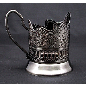 Neman GHOLD Podstakannik for Hot Beverages, Metal Glass Holder w/Handle and Floral Pattern