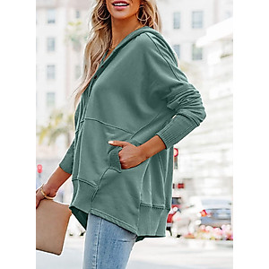 PRETTYGARDEN Loose Casual Button V Neck Hoodies for Women Long Sleeve Oversized Pullover Sweatshirt Hooded Tops Fall with Pockets (Bean Green,Large)